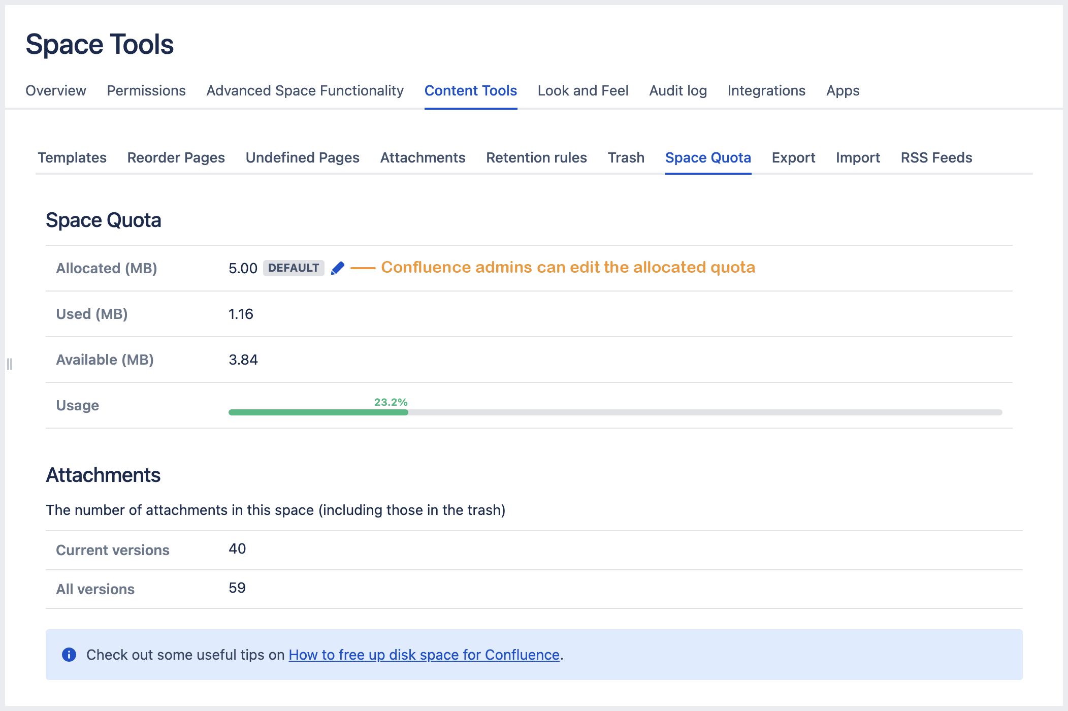 Viewing the Space Quota | Akeles